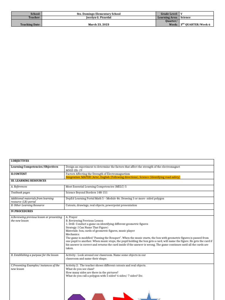 2nd COT DLP Science 5 Quarter 3 Week 6 | PDF | Shape | Cognition