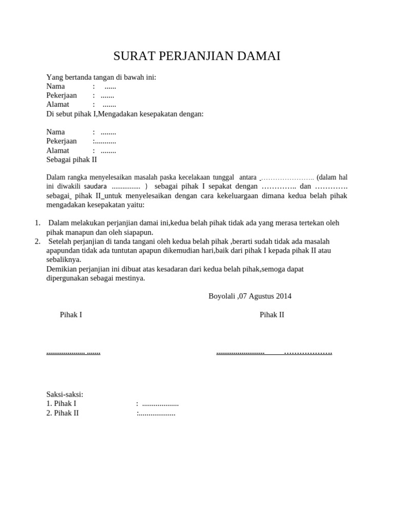 SURAT PERJANJIAN DAMAI | PDF