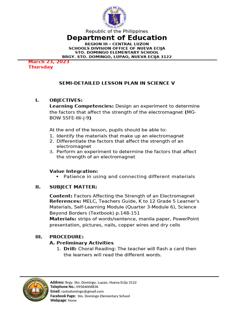 Second COT Semi Detailed Lesson Plan Science | PDF | Magnet | Inductor