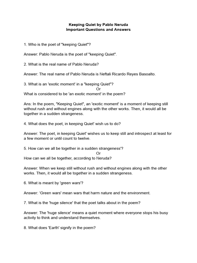 Keeping Quiet Ii Important Questions and Answers | PDF