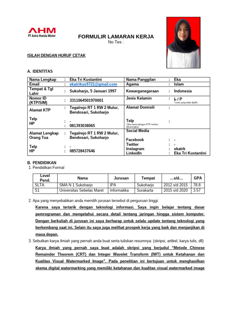 FORMULIR LAMARAN KERJA AHM | PDF