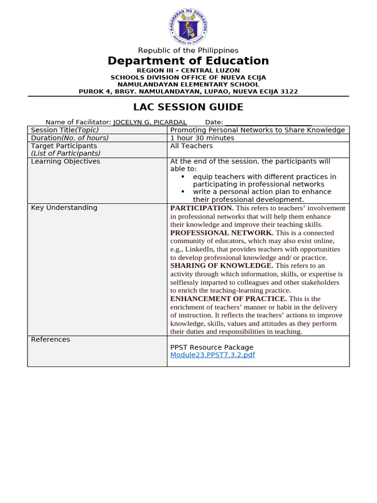 LAC Session Guide Promoting Personal Networks to Share Knowledge | PDF | Teachers | Learning