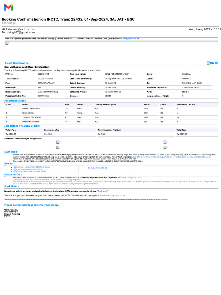 Gmail - Booking Confirmation On IRCTC, Train - 22432, 01-Sep-2024, 3A ...