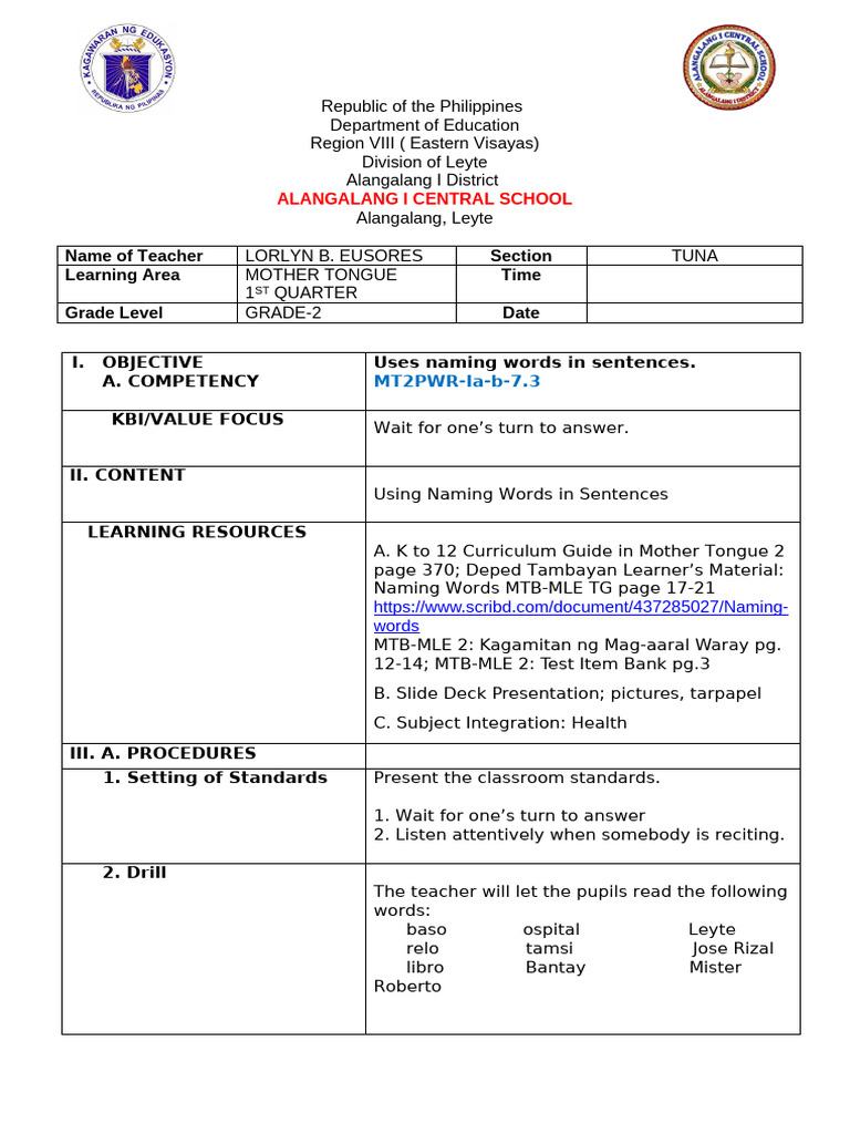 Cot Lesson Plan in Mtb-Mle 1st Quarter 2023-2024 | PDF