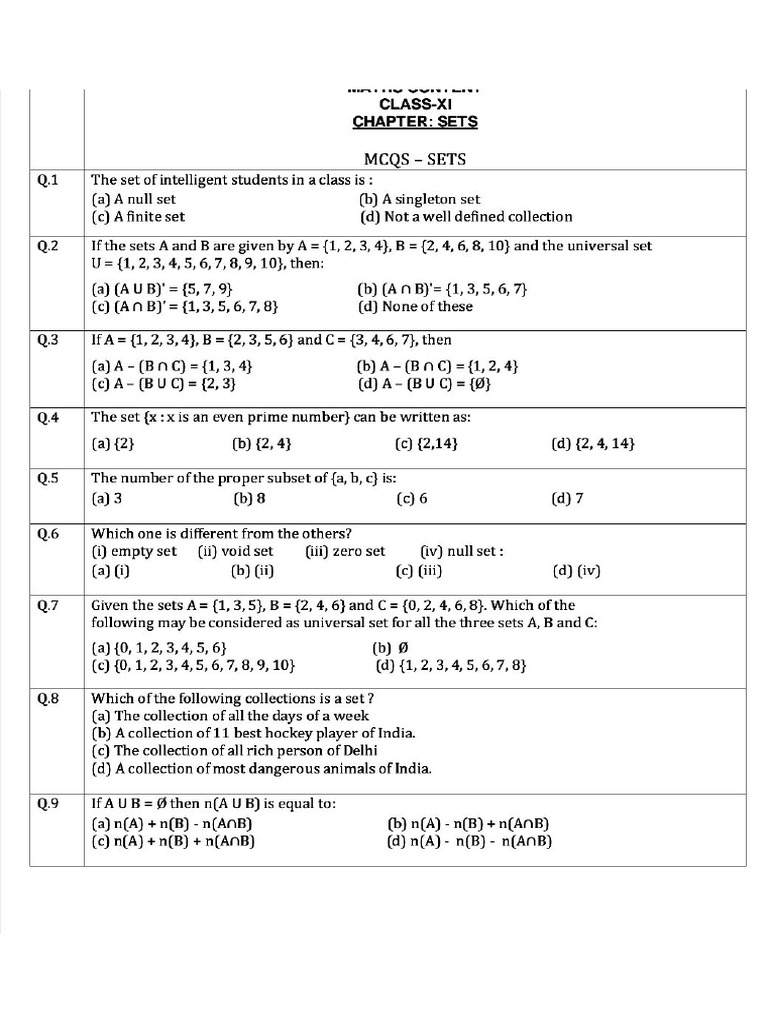 XI MATHS - SETS QP (1) | PDF