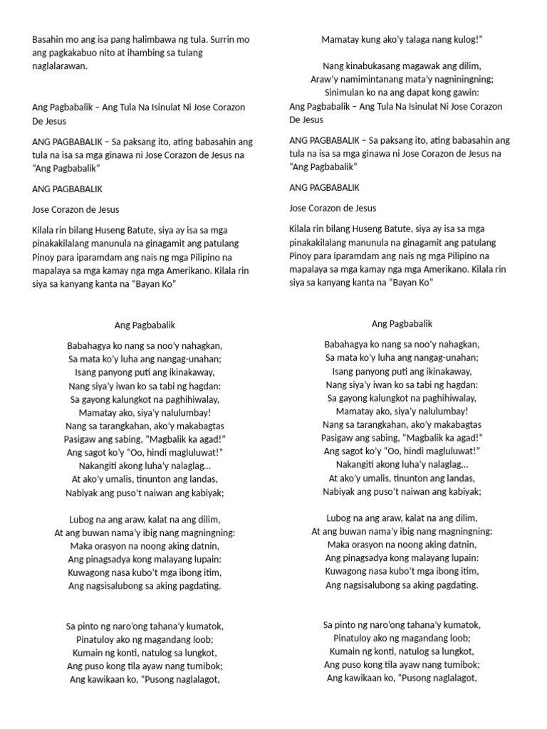 Ang Pagbabalik (Tula) For Activity | PDF