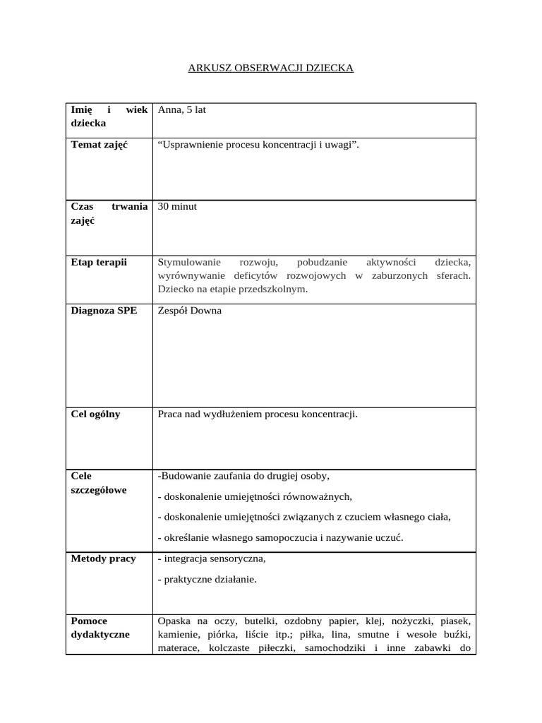 Arkusz Obserwacji Dziecka 1 | PDF