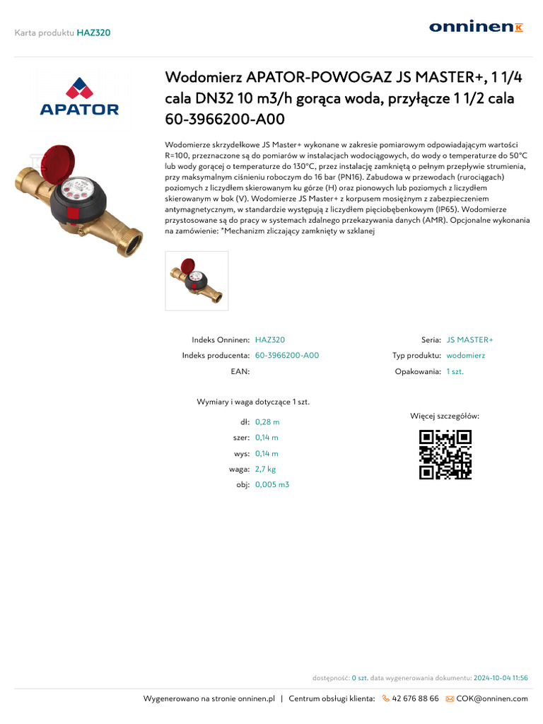Karta APATOR POWOGAZ Wodomierz Jednostrumieniow JS 130 10 Master 1 1 2 ...