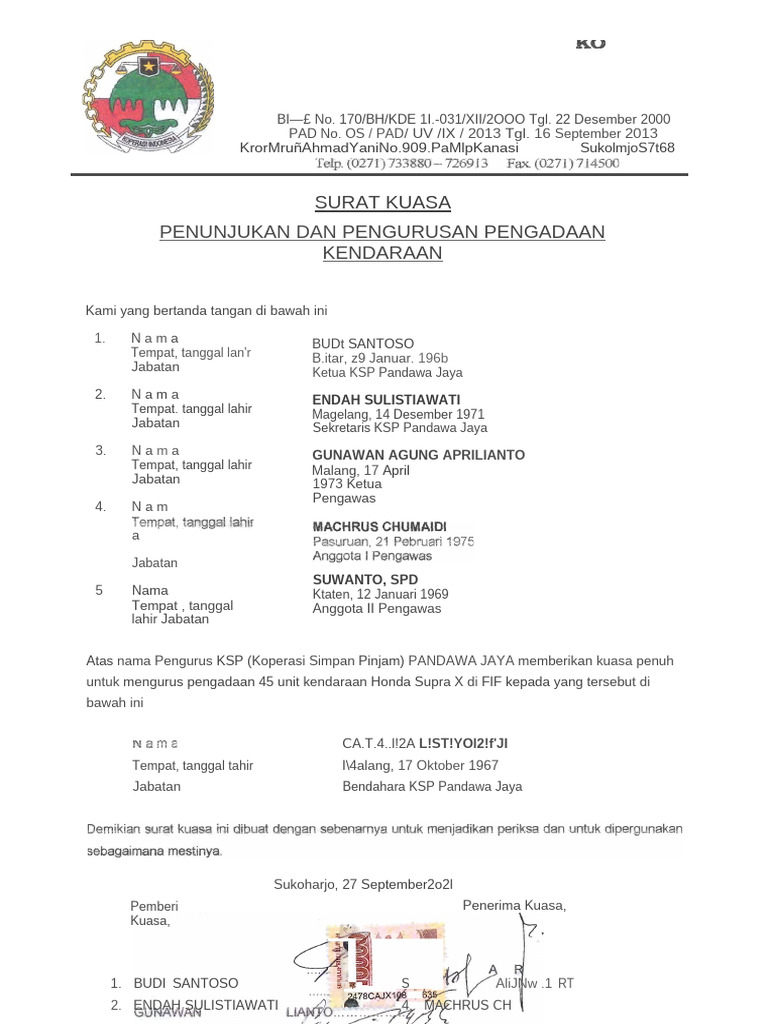 Surat Kuasa Pengadaan Kendaraan KSP | PDF