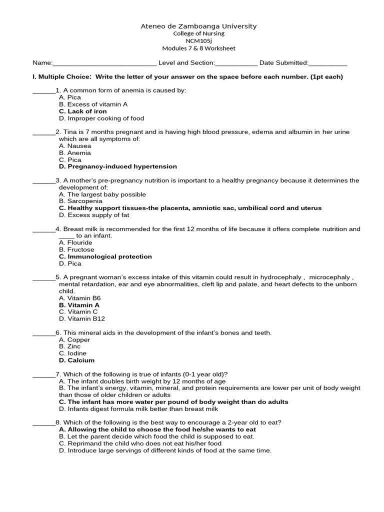 Nutrition Assessment Worksheet NCM105j | PDF | Pregnancy | Vitamin