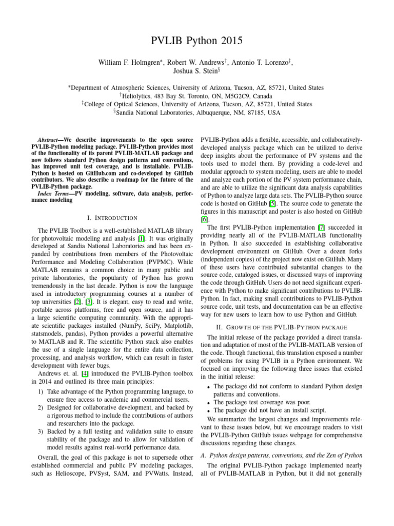 PVLIB Python 2015: William F. Holmgren, Robert W. Andrews, Antonio T. Lorenzo, Joshua S. Stein ...