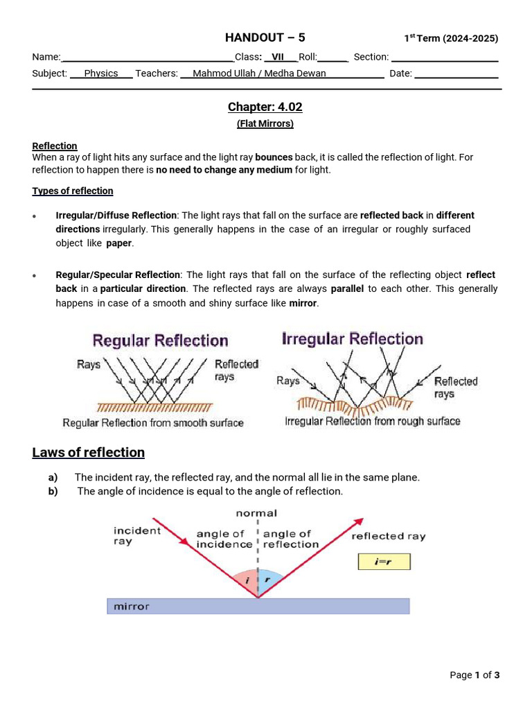 VII Physics Handout 5 | PDF | Mirror | Reflection (Physics)