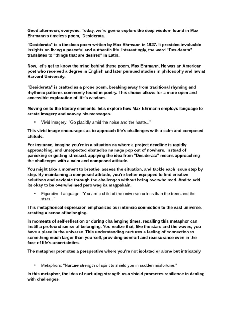 Desiderata Script Report | PDF | Poetry