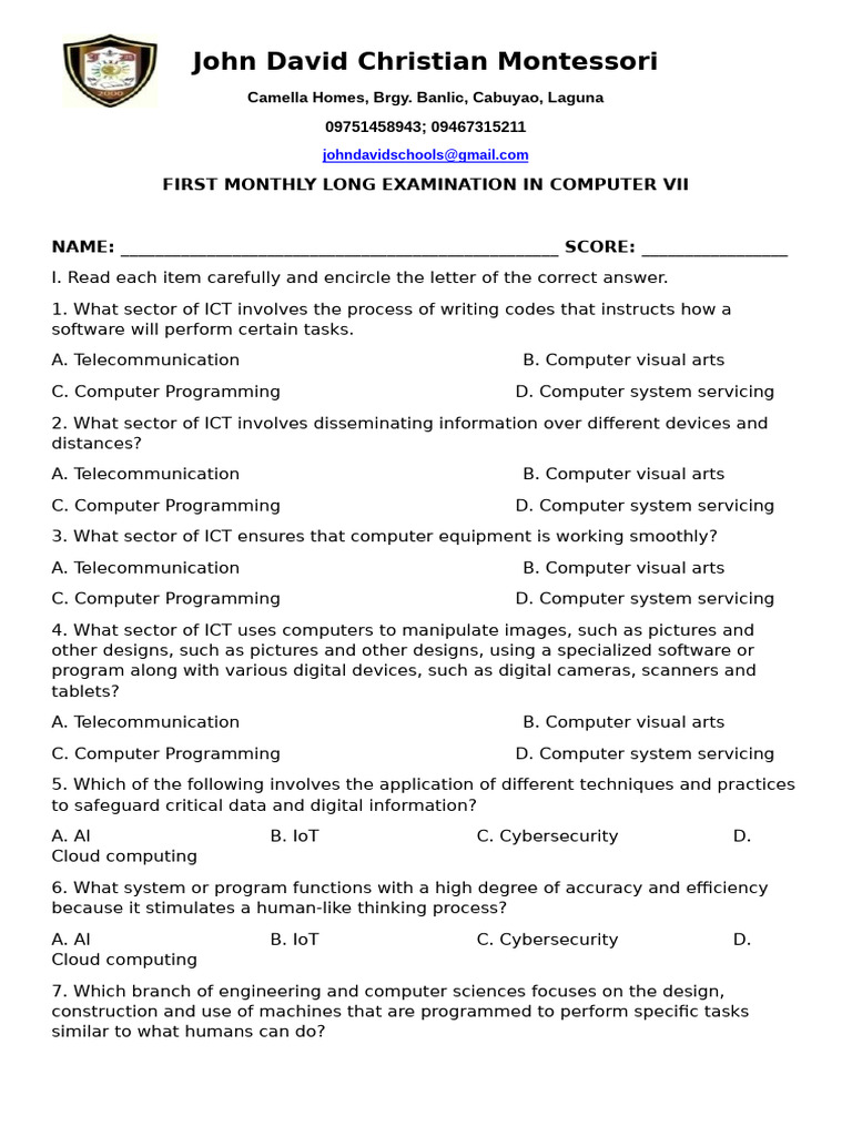 First Monthly Long Examination in Computer Vii | PDF | Computing | Computer Programming