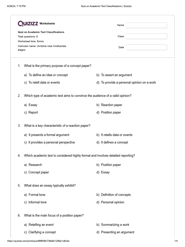 Quiz on Academic Text Classifications _ Quizizz | PDF | Essays | Argument