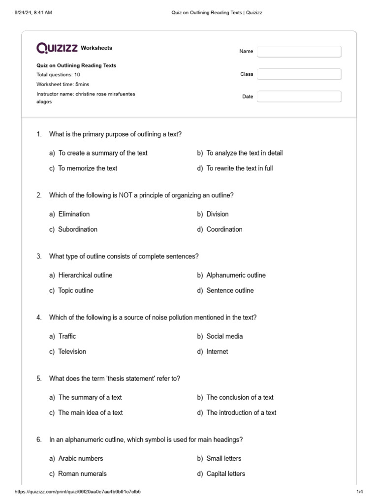 Quiz On Outlining Reading Texts - Quizizz | PDF | Writing | Written ...
