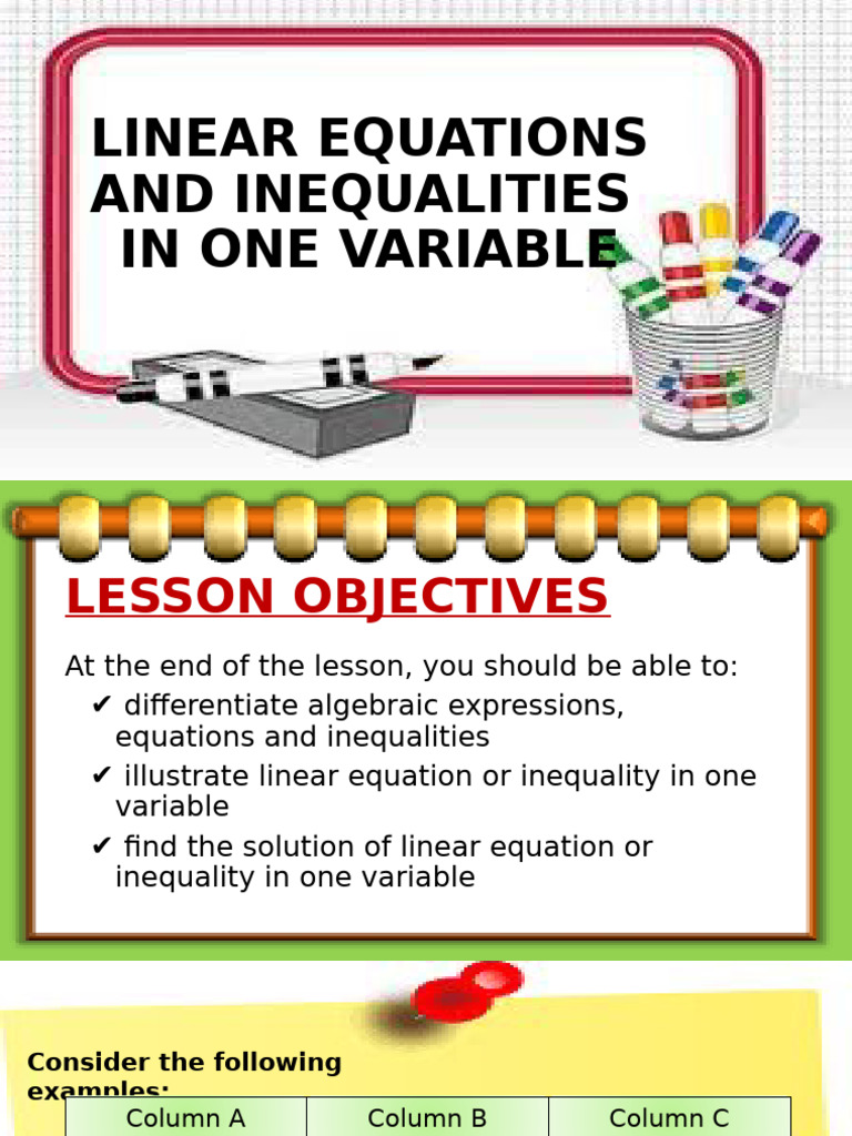 Linear Equations and Inequalities in One Variable | PDF | Equations ...