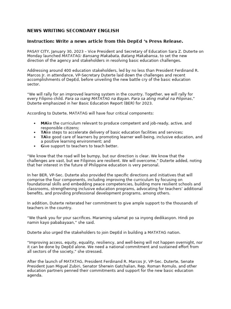 News Writing Secondary English | PDF