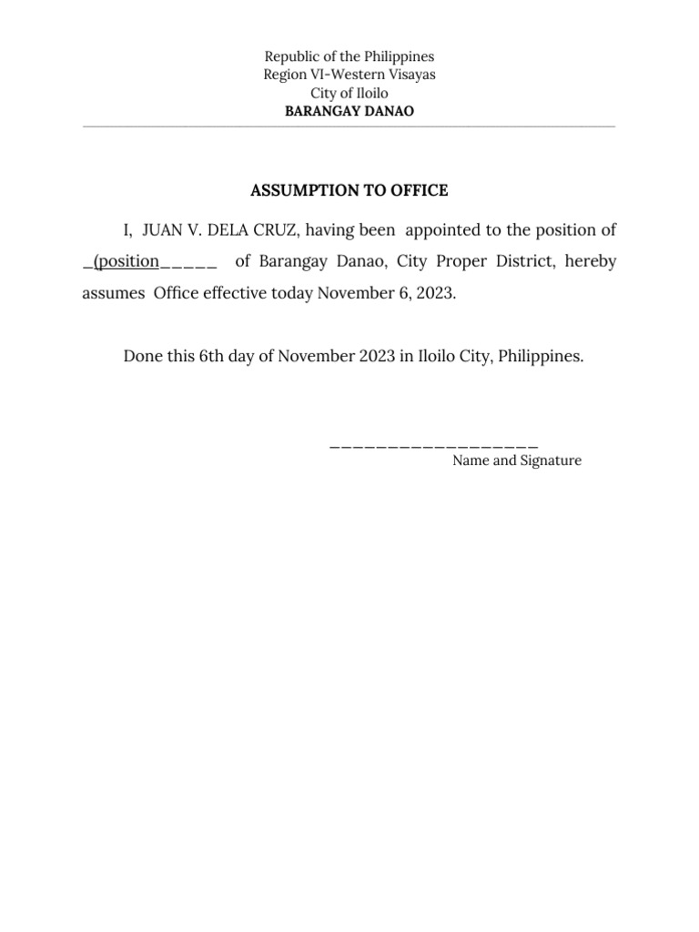 Assumption To Office Form For Appointive Barangay Official 2 | PDF