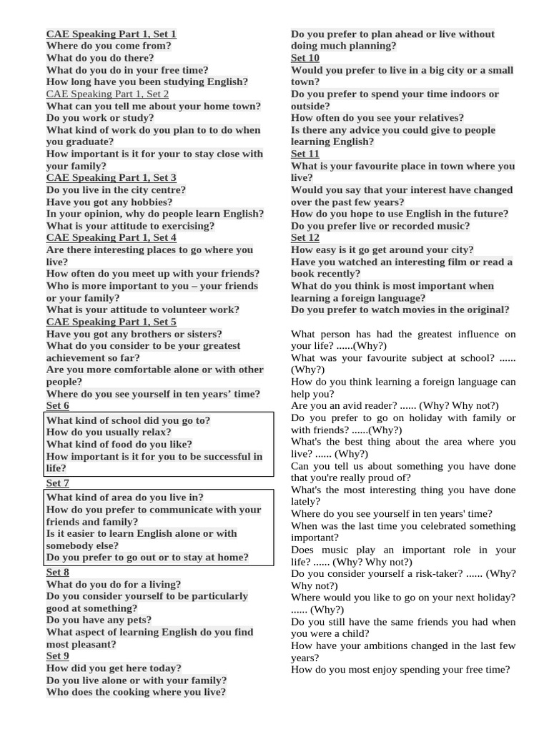 CAE Speaking Part 1 Question Sets | PDF