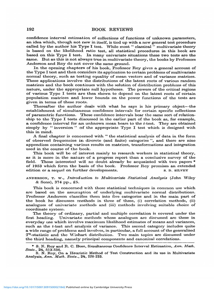 T W Anderson Introduction To Multivariate Statistical Analysis John Wiley and Sons 374 PP Pound5 ...