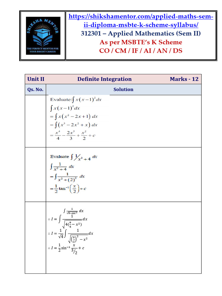 Unit II Definite Integration Solution | PDF