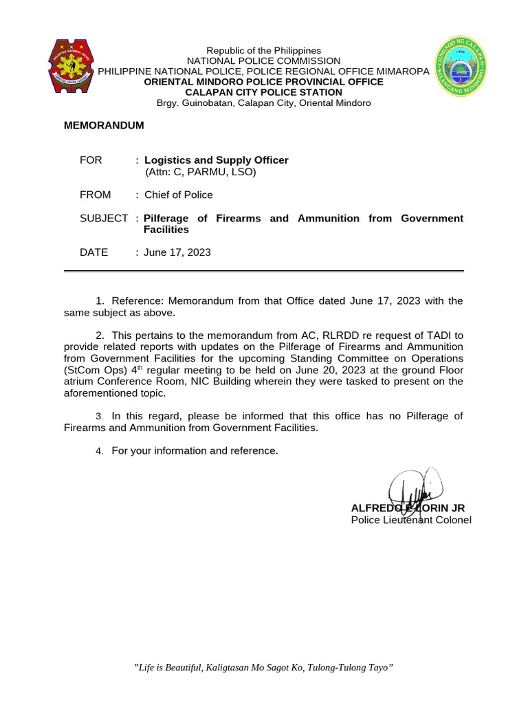 Firearms Pilferage Memo - PNP Update | PDF | Politics | Social Science