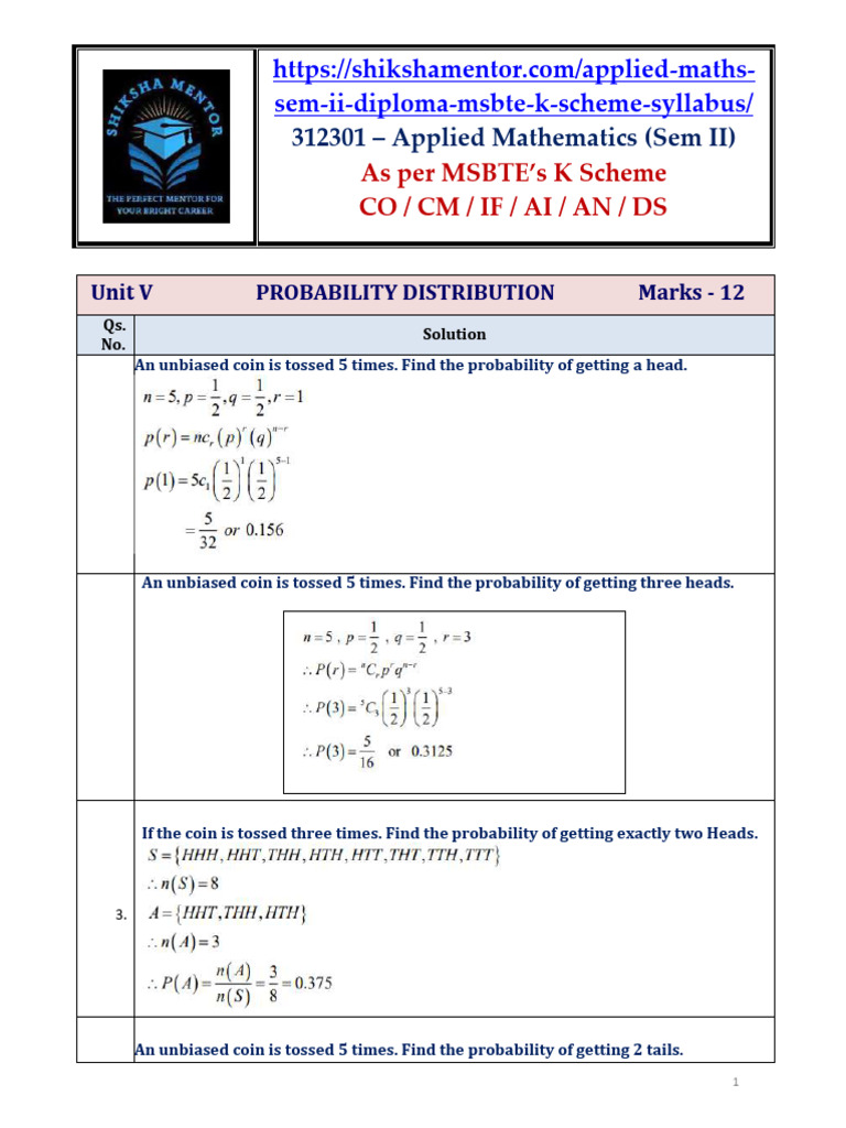 Unit V Prbability Distribution Solution | PDF | Standard Deviation | Probability Distribution