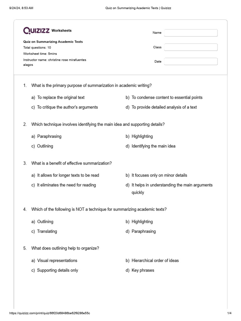 Summarizing Academic Texts Quiz | PDF | Psychology