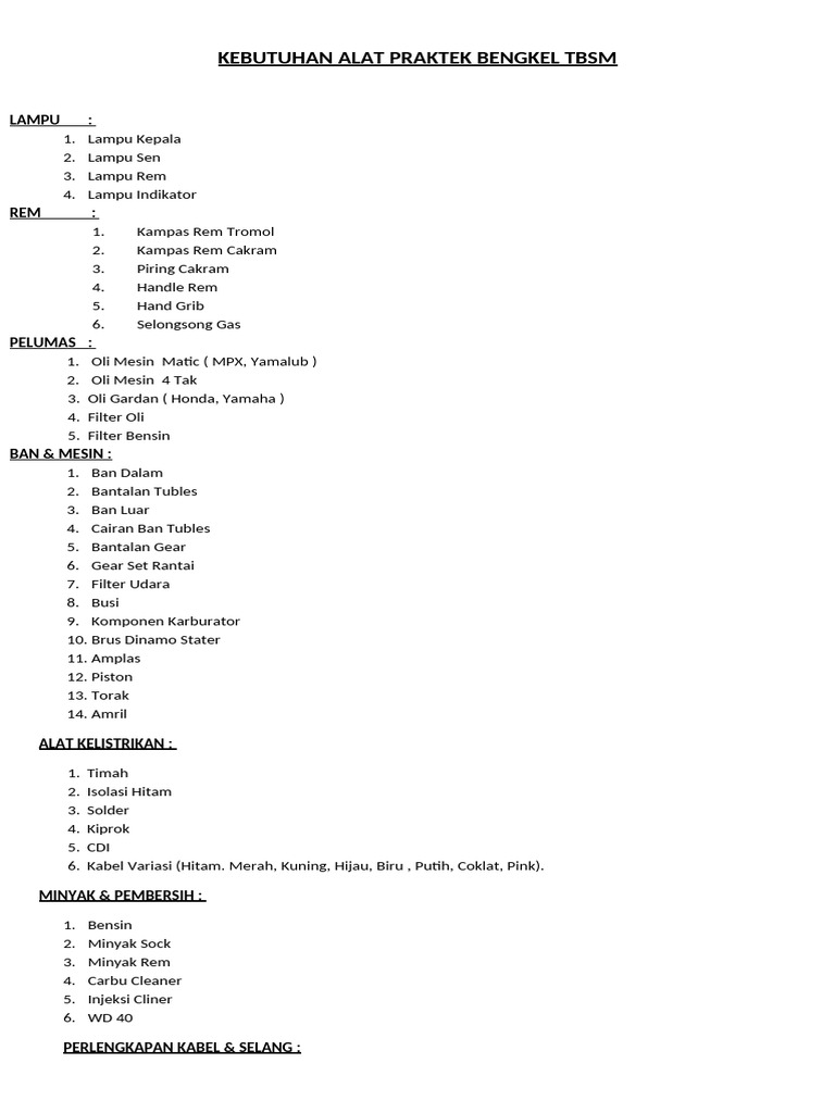 Rab Kebutuhan Alat Praktek Bengkel TBSM 2023 | PDF | Cooking, Food & Wine