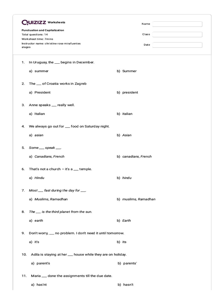 Punctuation and Capitalization - Quizizz | PDF