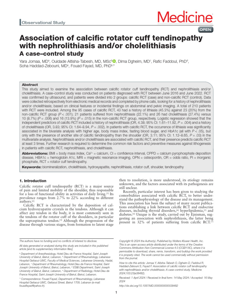 Association of Calcific Rotator Cuff Tendinopathy | PDF | Health ...