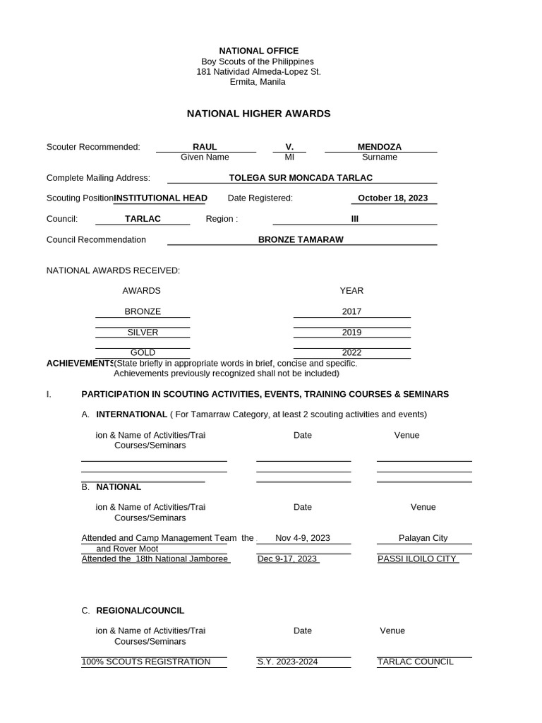 National Higher Awards Form Raul v. Mendoza | PDF | Scouting And ...