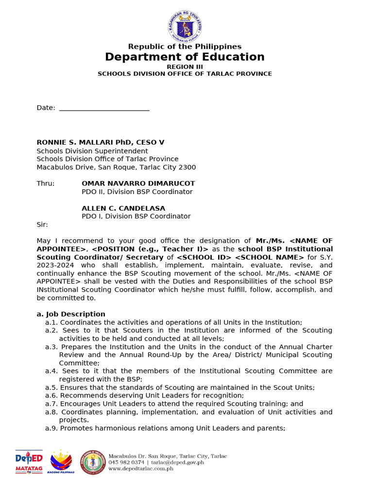 Recommendation Letter Form BSP | PDF | Scouting | Government