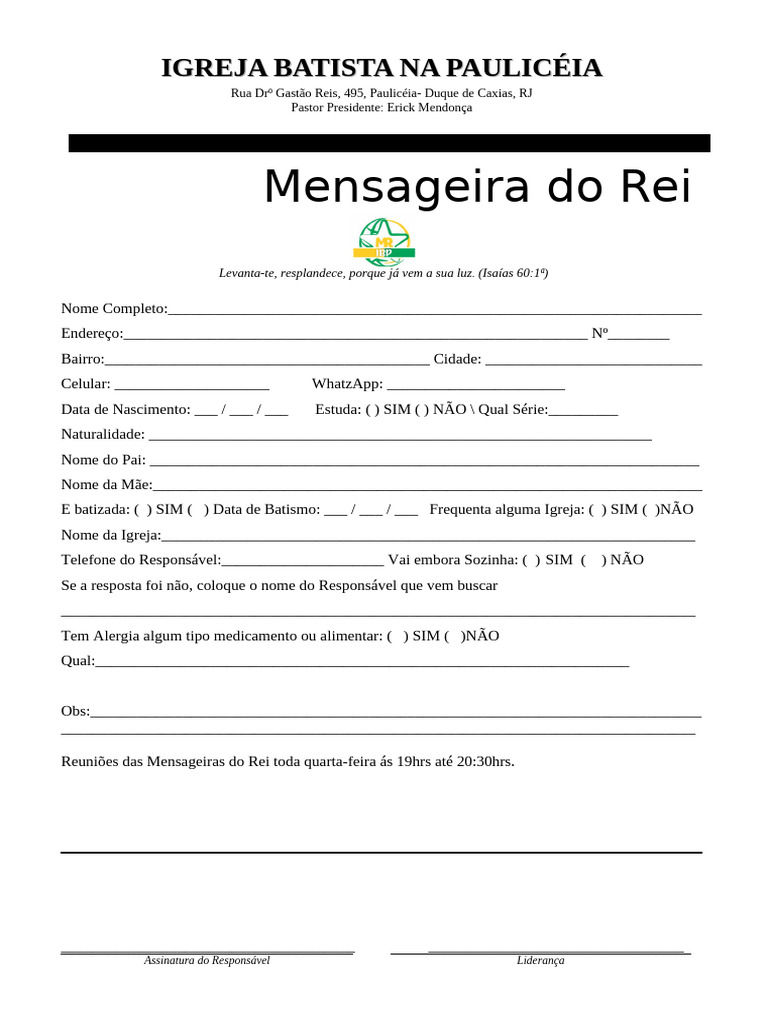 Ficha De Matricula Da Ebd Remontado Pdf