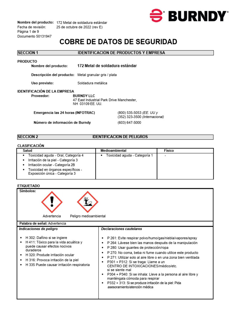 172_Standard_Weld_Spanish_GHS | PDF | Cobre | Contaminación