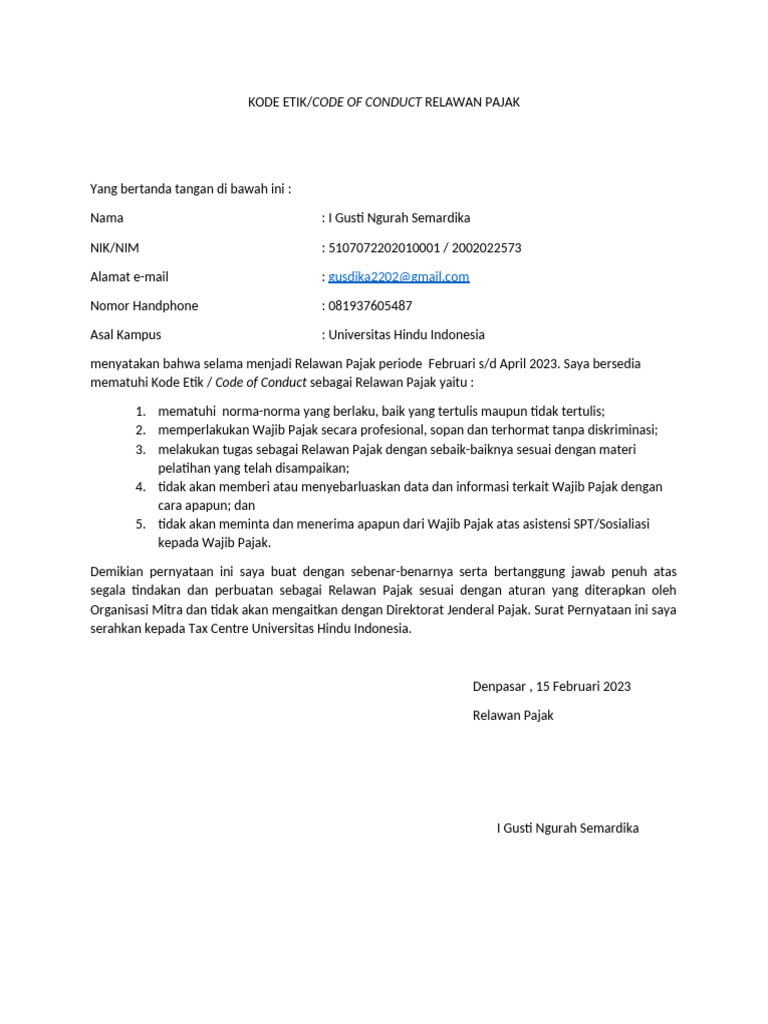 Surat Pernyataan Bersedia Mematuhi Kode Etik (Code of Conduct) - 1 | PDF