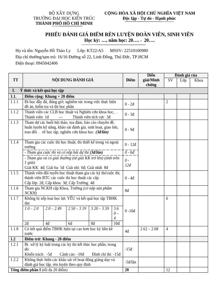 (M1) - Phieu Diem Ren Luyen | PDF