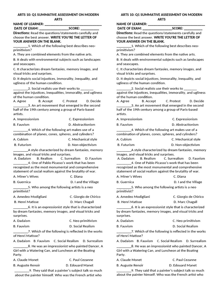 Arts 10-Summative Testq1 | PDF | Paul Cézanne | Impressionism