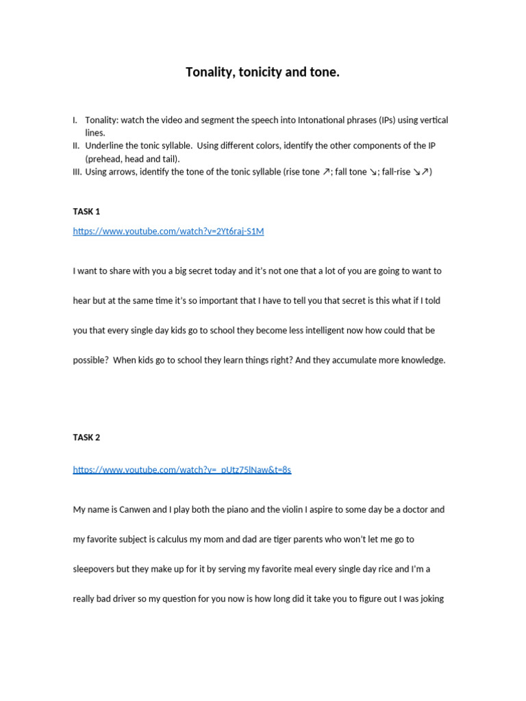 Tone Tonality and Tonicity - Task | PDF