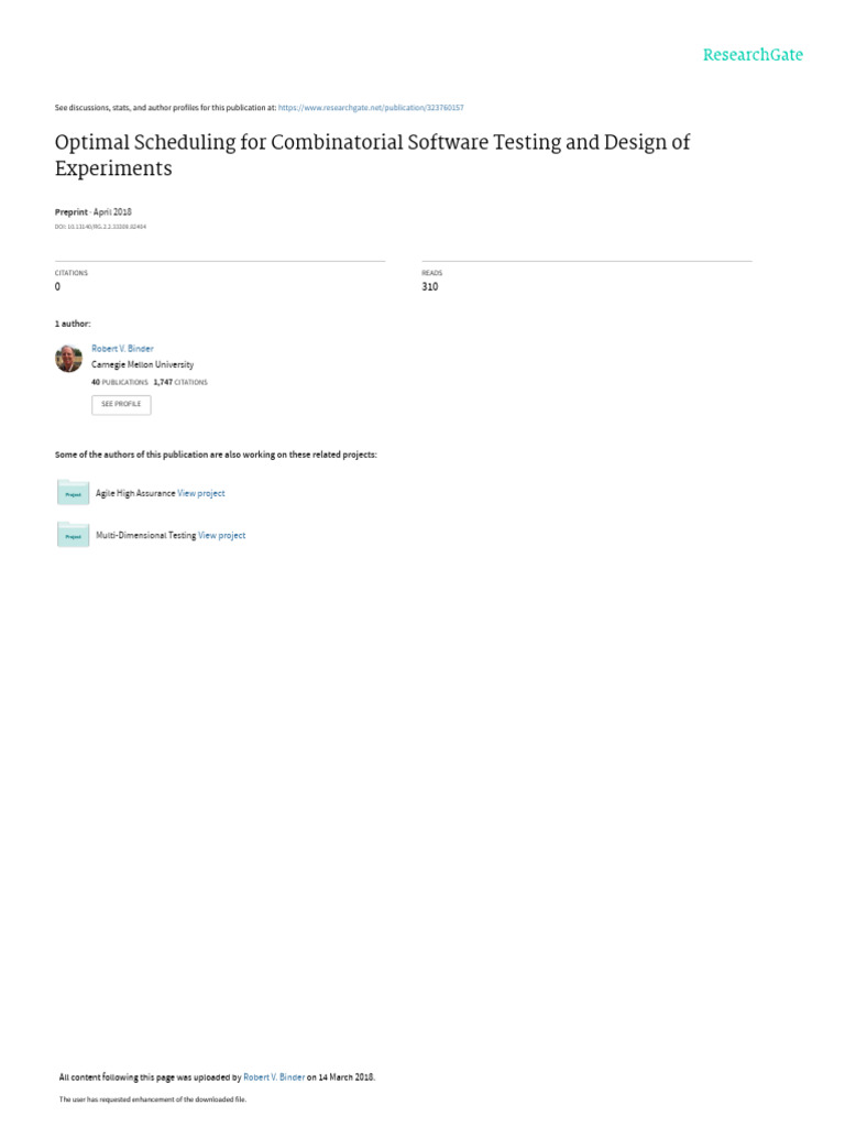 20180302 Binder Optimal Scheduling For Combinatorial Software Testing And Design Of Experiments 