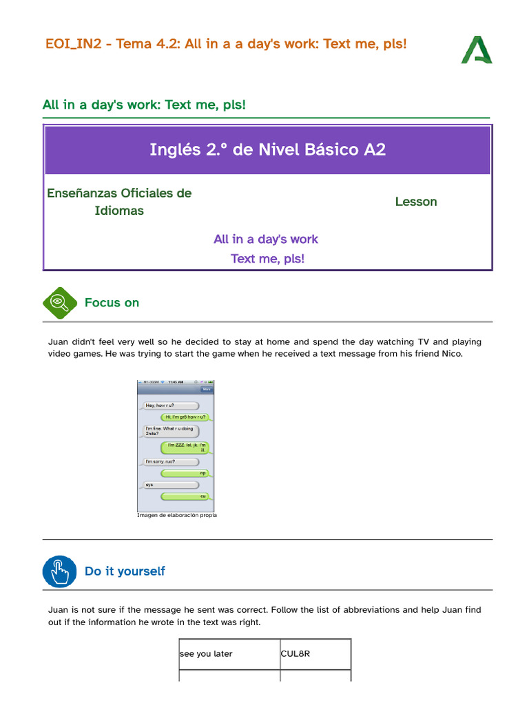 A2 English Lesson: Texting Abbreviations | PDF | Verb | Subject (Grammar)