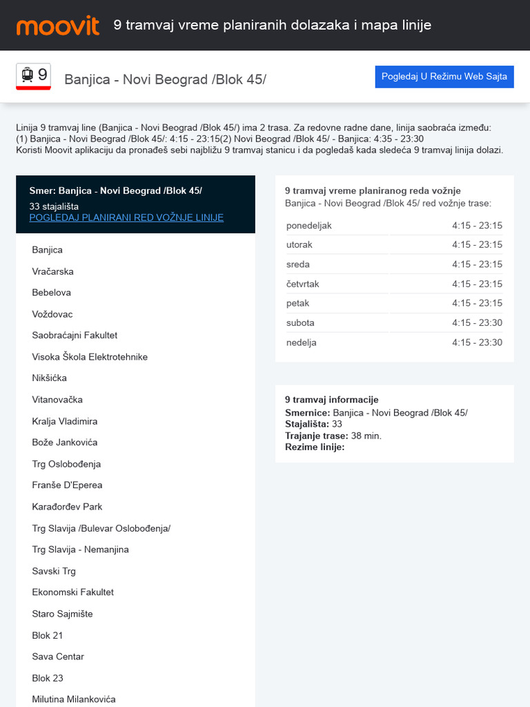 Banjica - Novi Beograd /blok 45/: 9 Tramvaj Vreme Planiranih Dolazaka I ...