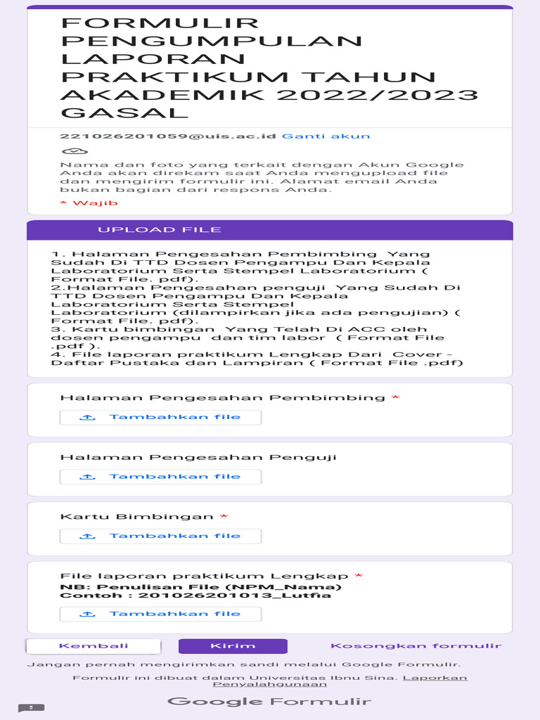 FORMULIR PENGUMPULAN LAPORAN PRAKTIKUM TAHUN AKADEMIK 20222023 GASAL | PDF