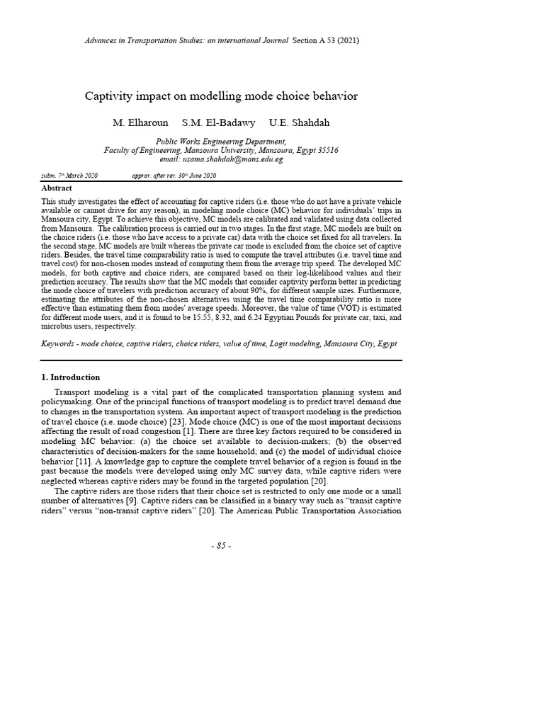 Elharoun, El-Badawy, Shahdah - 2021 - Captivity Impact on Modelling Mode Choice Behavior | PDF ...