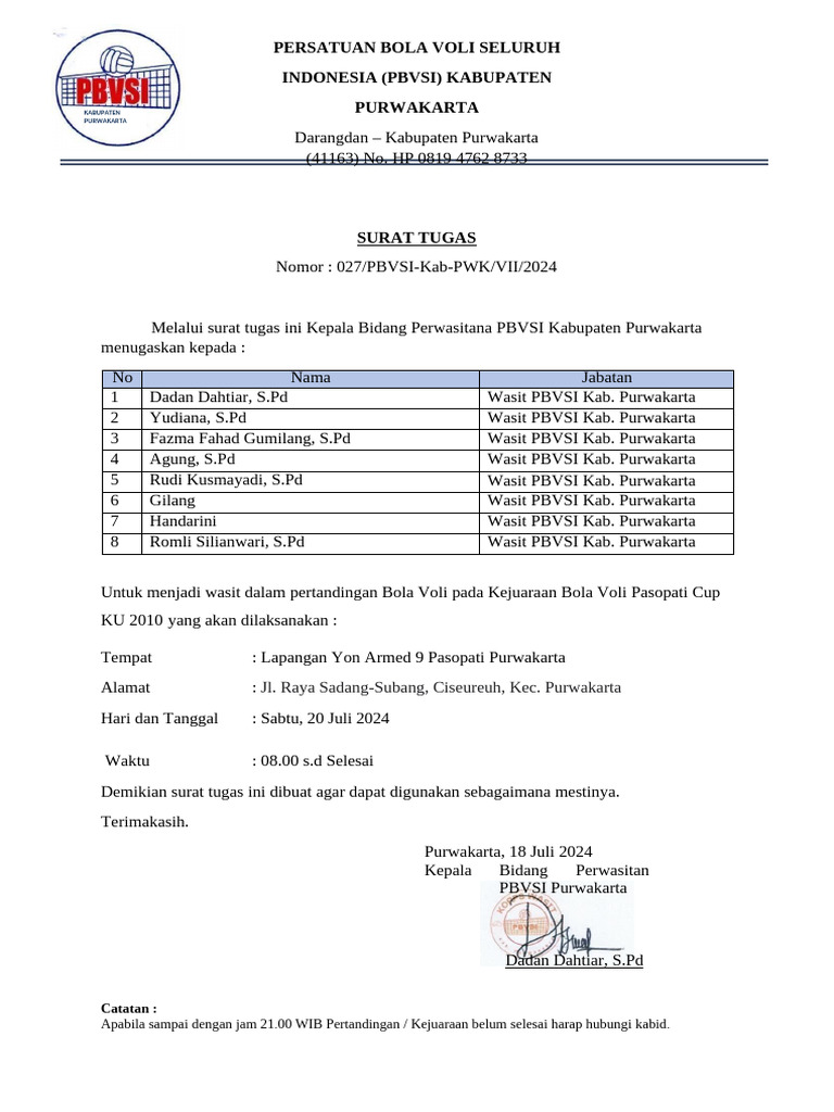 Surat Tugas Wasit PBV PUR CUP Rev | PDF