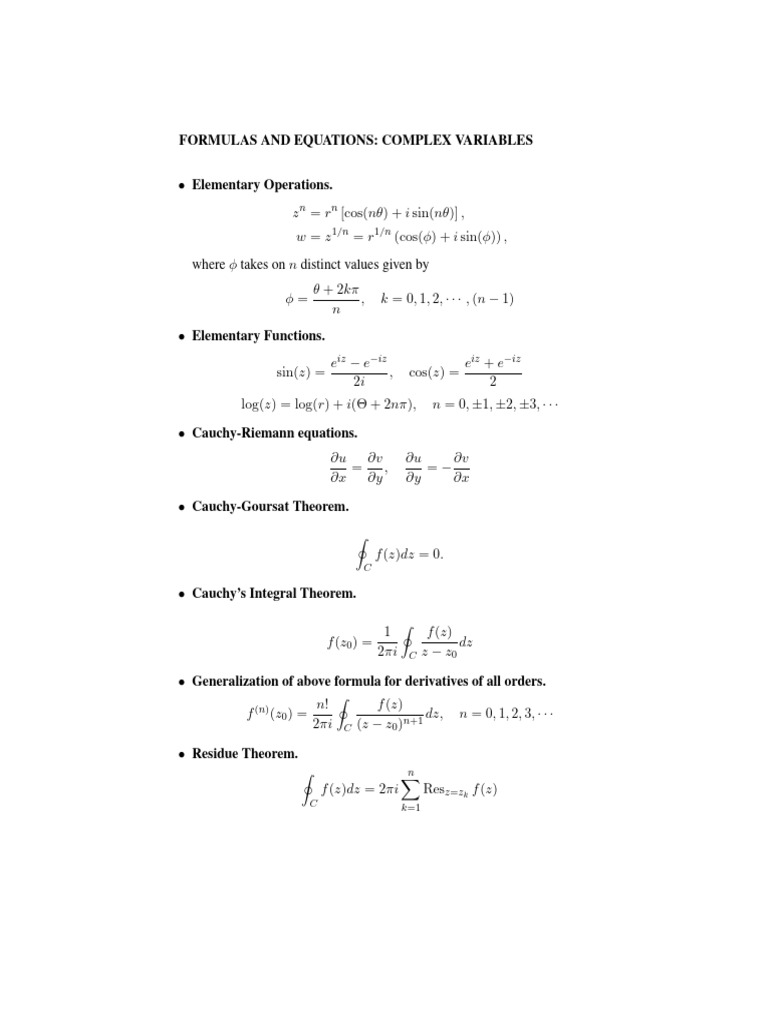 Complex Variable Formulas | PDF