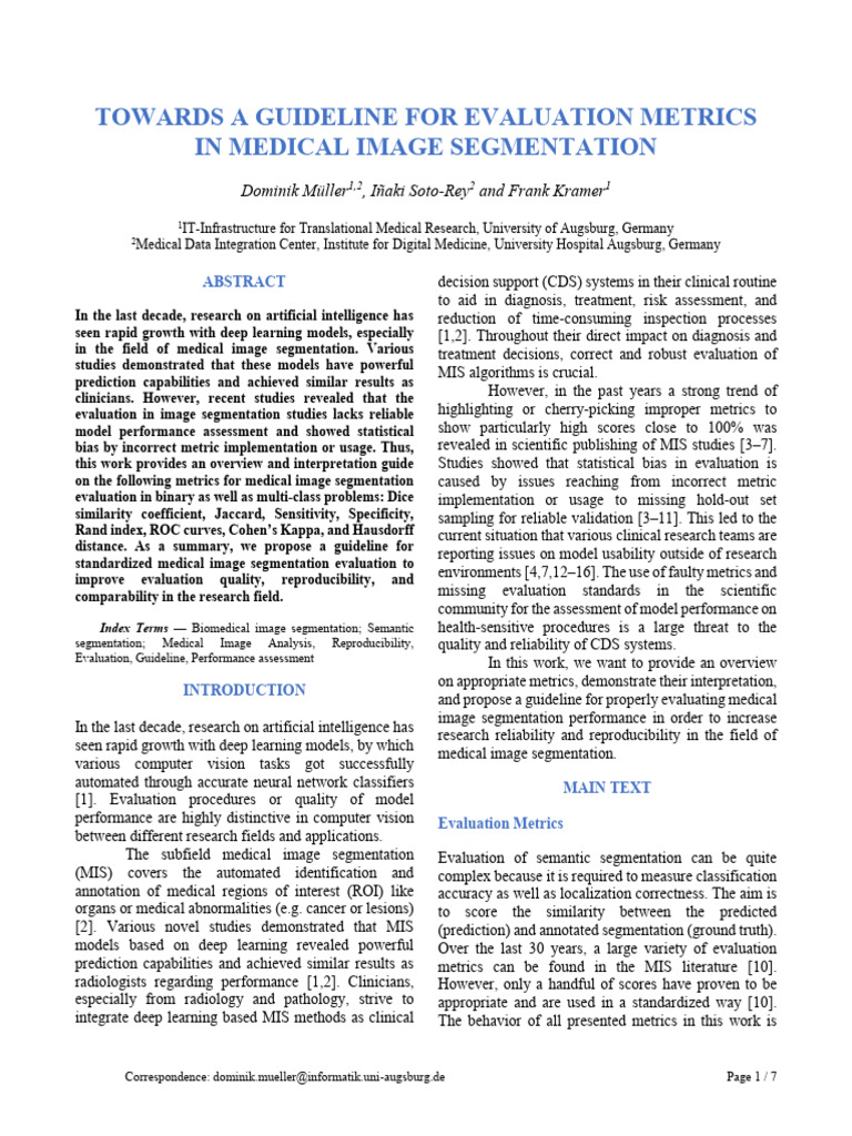 Towards A Guideline For Evaluation Metrics in Medical Image Segmentation | PDF | Sensitivity And ...