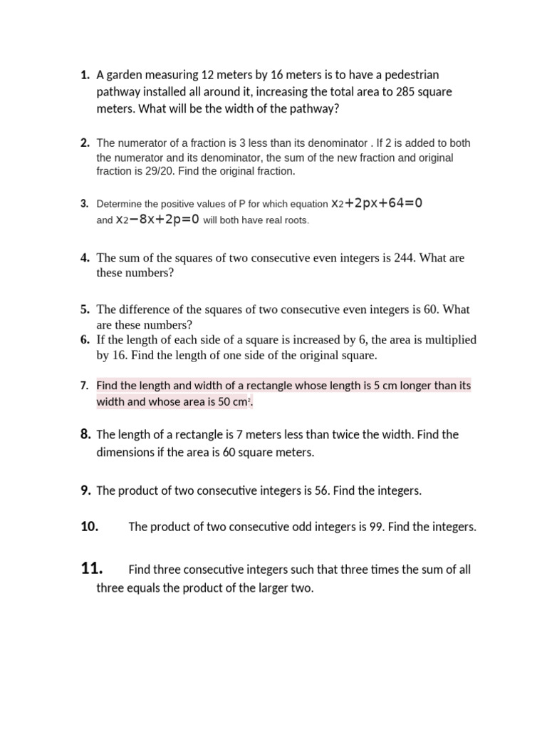 Application of Quadratic Equations Word Problems | PDF