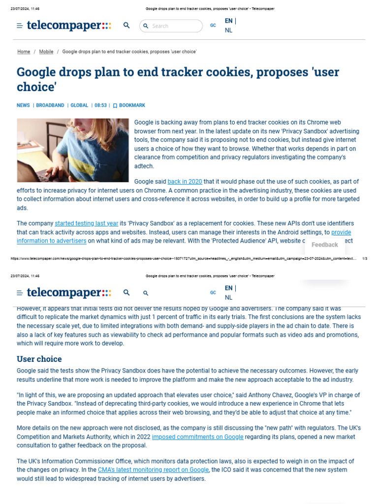 Google Drops Plan To End Tracker Cookies, Proposes 'User Choice' - Telecompaper | PDF | Http ...